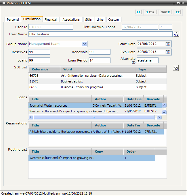Circulation Tab Screen